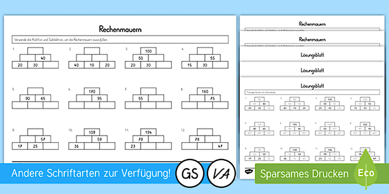 Rechenmauern 3x differenziert I Rechenmauern 3./4. Klasse