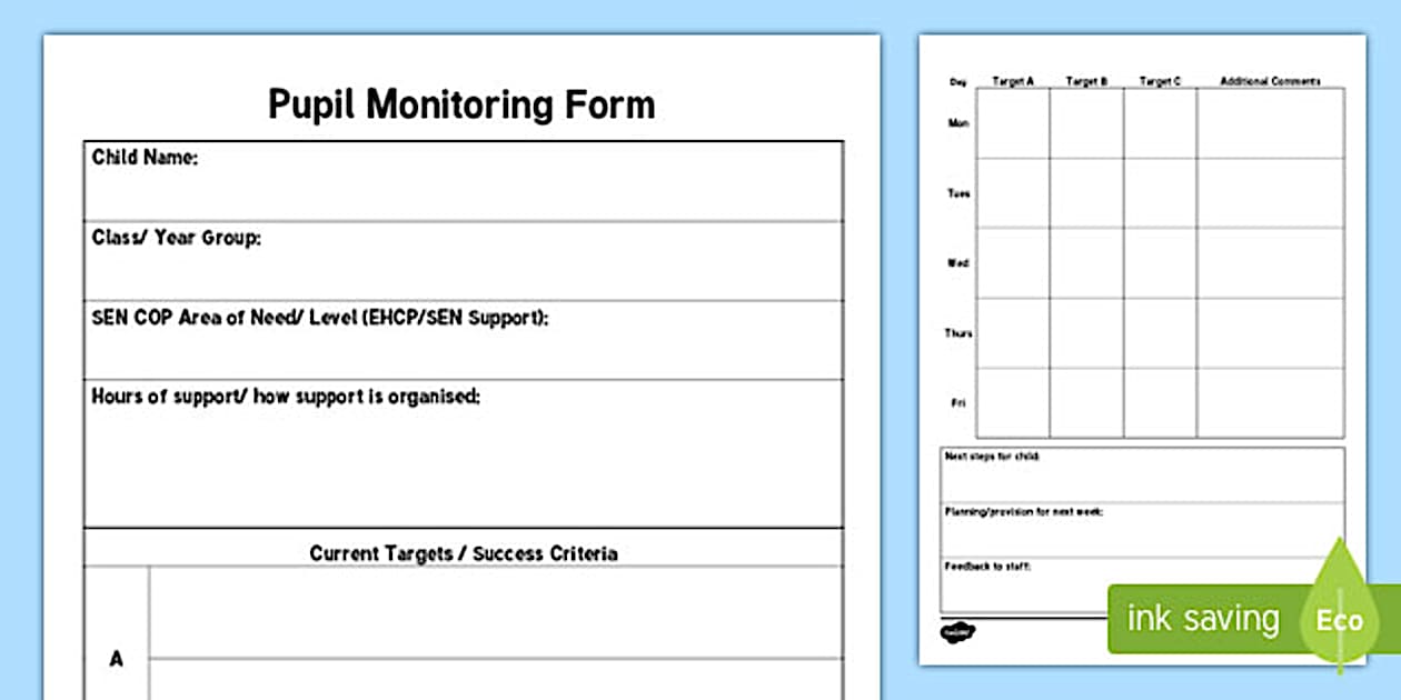 Teaching Assistant Pupil Monitoring Form Pro Forma - Twinkl