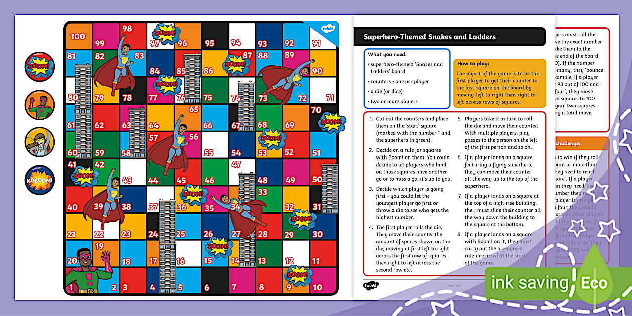 Superhero-Themed Snakes and Ladders Game - Twinkl