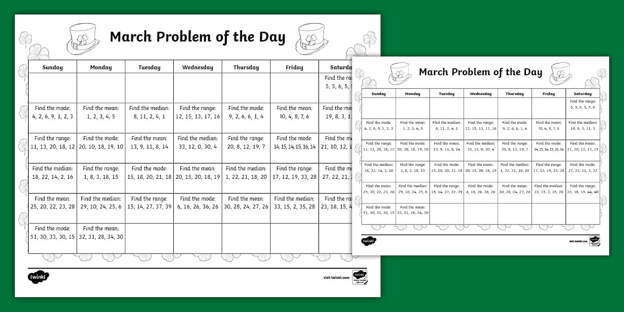 Sixth Grade 2025 Math Problem of the Day March Calendar