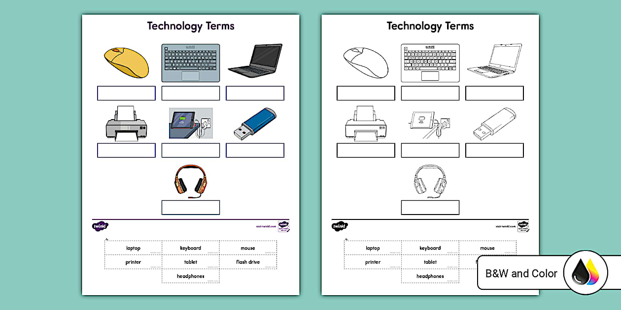 Technology Terms Cut and Paste Worksheet for K-2nd Grade