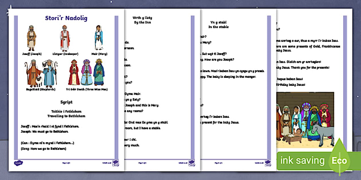 Black and White The Nativity Play Script Welsh - Twinkl