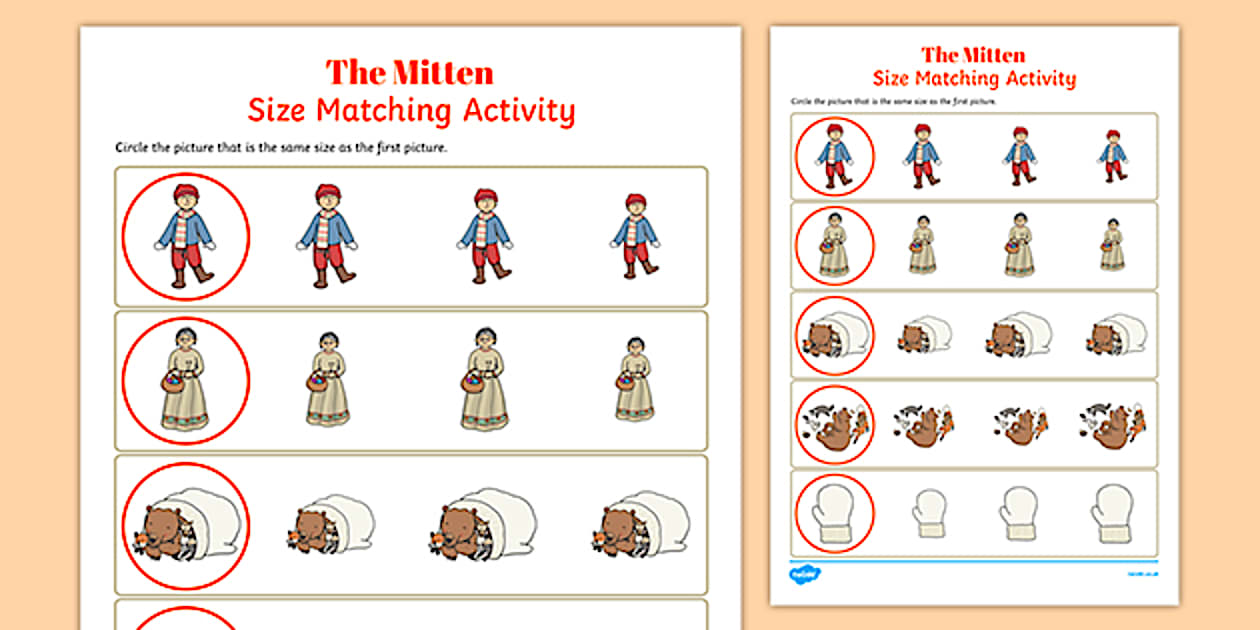 Black and White The Mitten Size Matching Worksheets - Twinkl