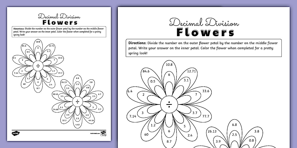 Sixth Grade Decimal Division Flowers Worksheet - Twinkl