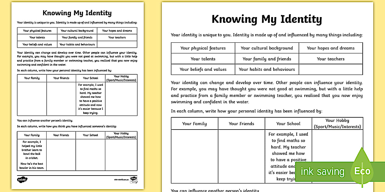 Knowing My Identity Worksheet - Twinkl