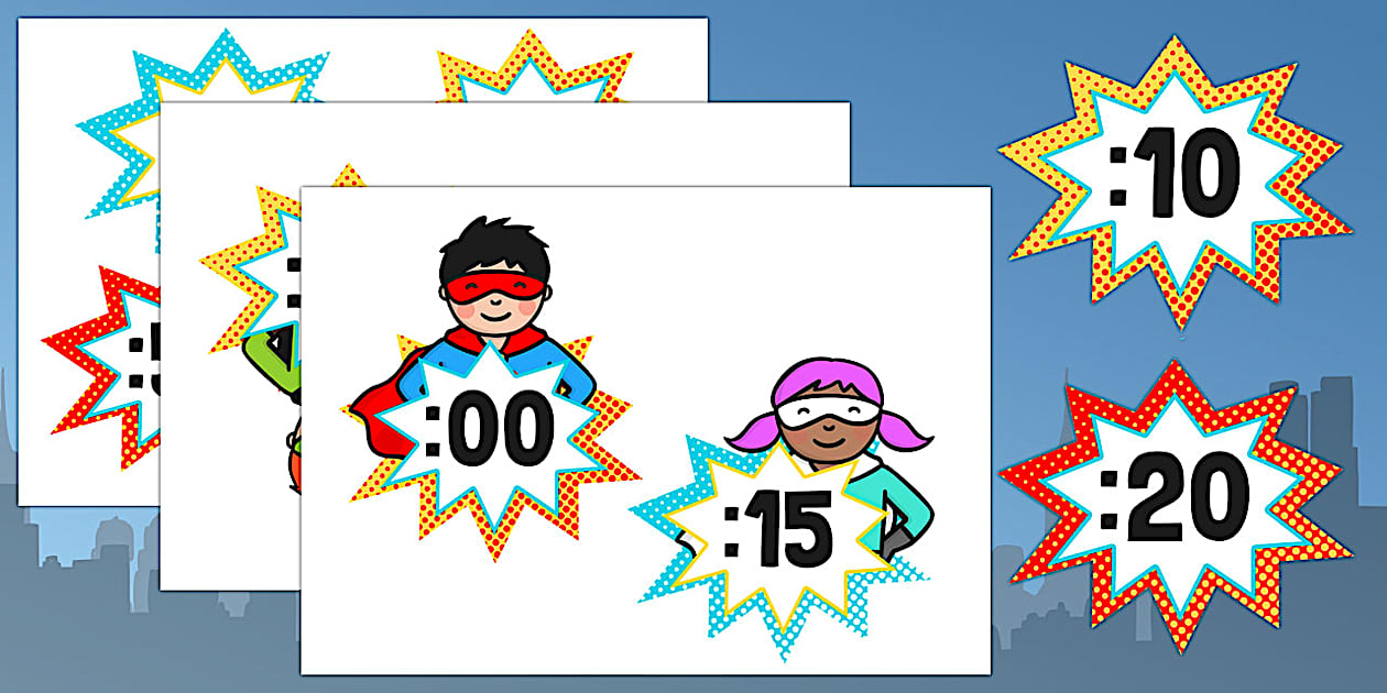 Superhero-Themed Classroom Clock Labels (Printable) - Twinkl