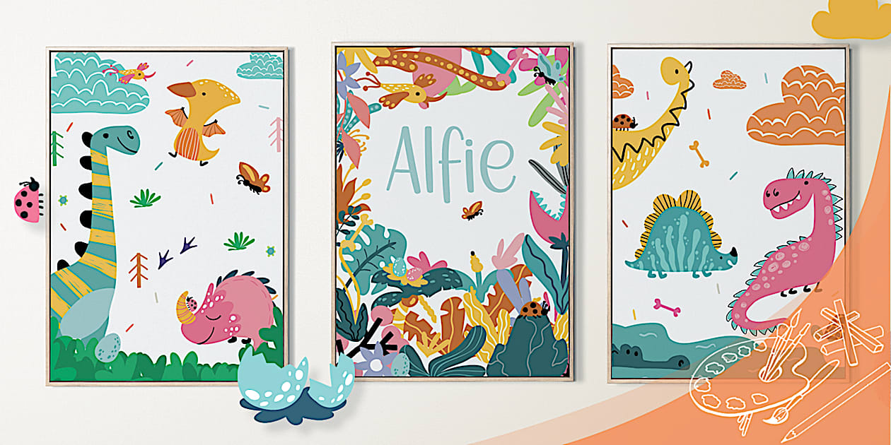 Personalised Dinosaur-Themed Children's Room Posters Pack