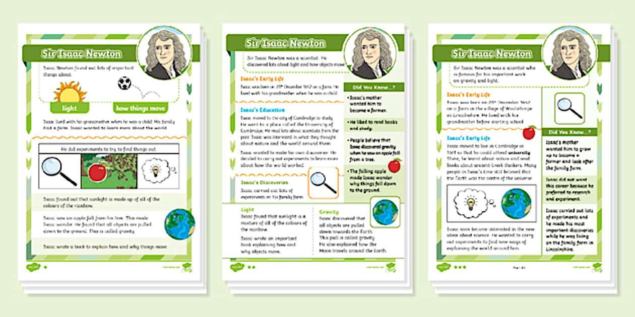 KS1 Sir Isaac Newton Differentiated Reading Comprehension Activity