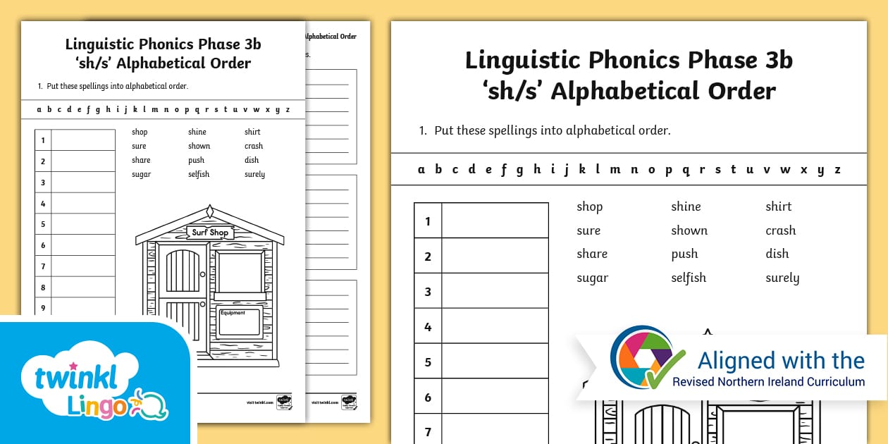 Linguistic Phonics Phase 3b 'sh/s' Alphabetical Order