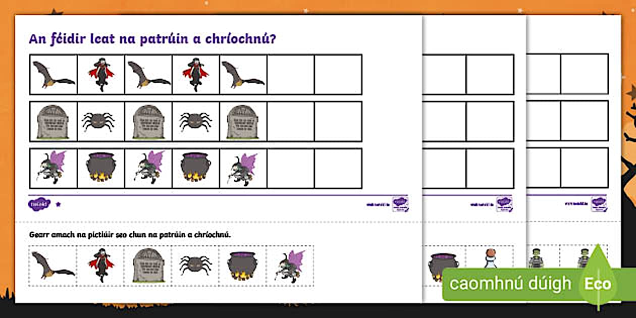Halloween Complete the Pattern Worksheet Gaeilge - Twinkl