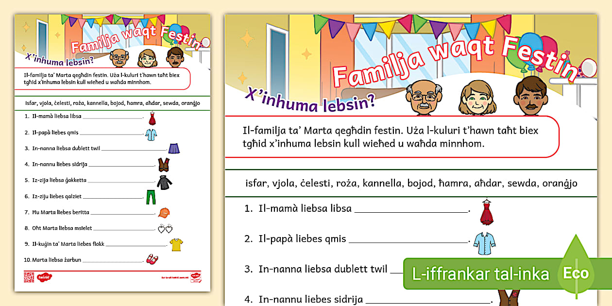 Karta tat-Taħriġ: Familja waqt Festin - Ħwejjeġ u Kuluri