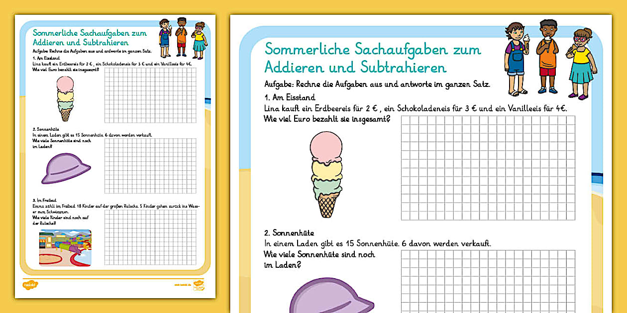 Sommerliche Sachaufgaben zum Addieren und Subtrahieren
