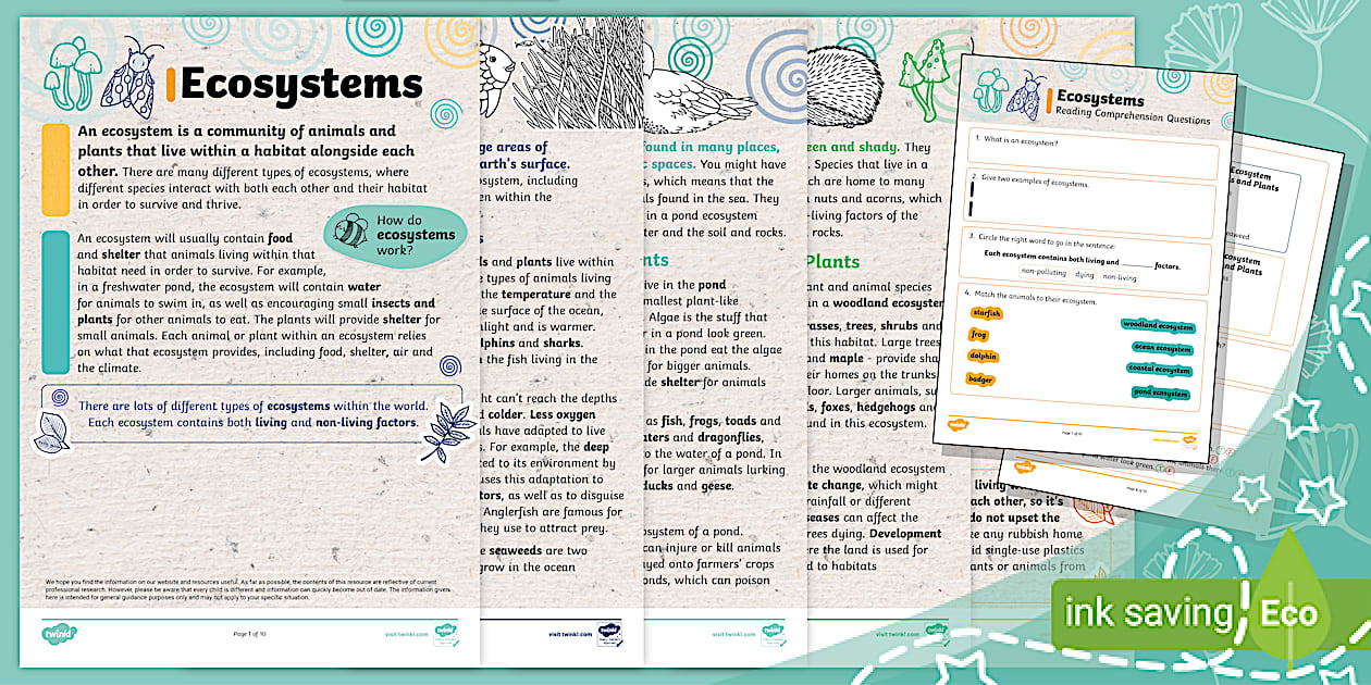 Ecosystems Reading Comprehension (Ages 5 - 7) (teacher made)