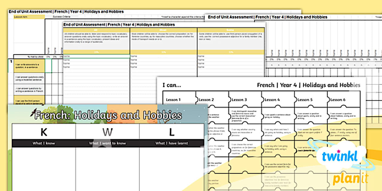 French: Holidays and Hobbies Year 4 Unit Assessment Pack