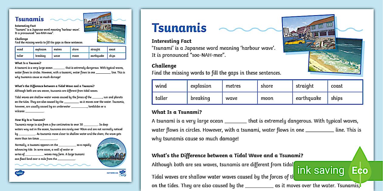 Tsunami Word Cloze Activity (teacher made) - Twinkl