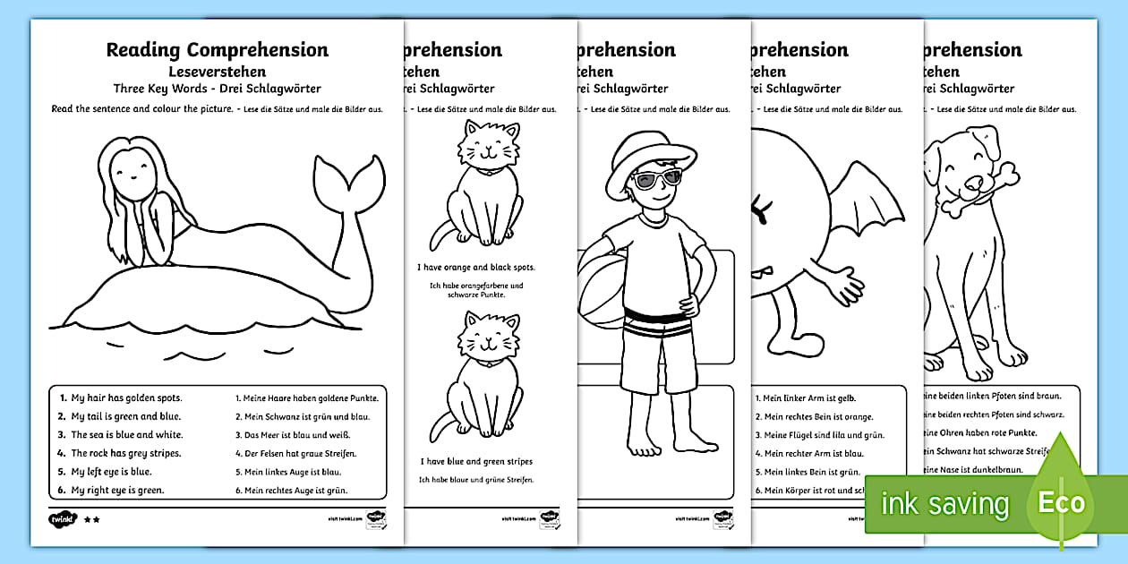 Lower Ability Reading Comprehension – 3 Key Words Worksheets English/German