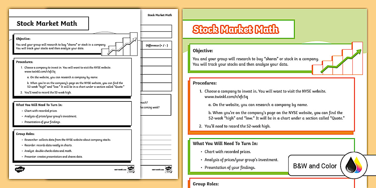 Fifth Grade Stock Market Math Group Worksheet (teacher made)