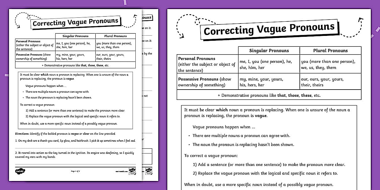 Sixth Grade Correcting Vague Pronouns Worksheet - Twinkl
