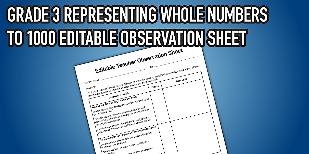 Grade 3 Representing Whole Numbers to 1000 Editable Observation Sheet