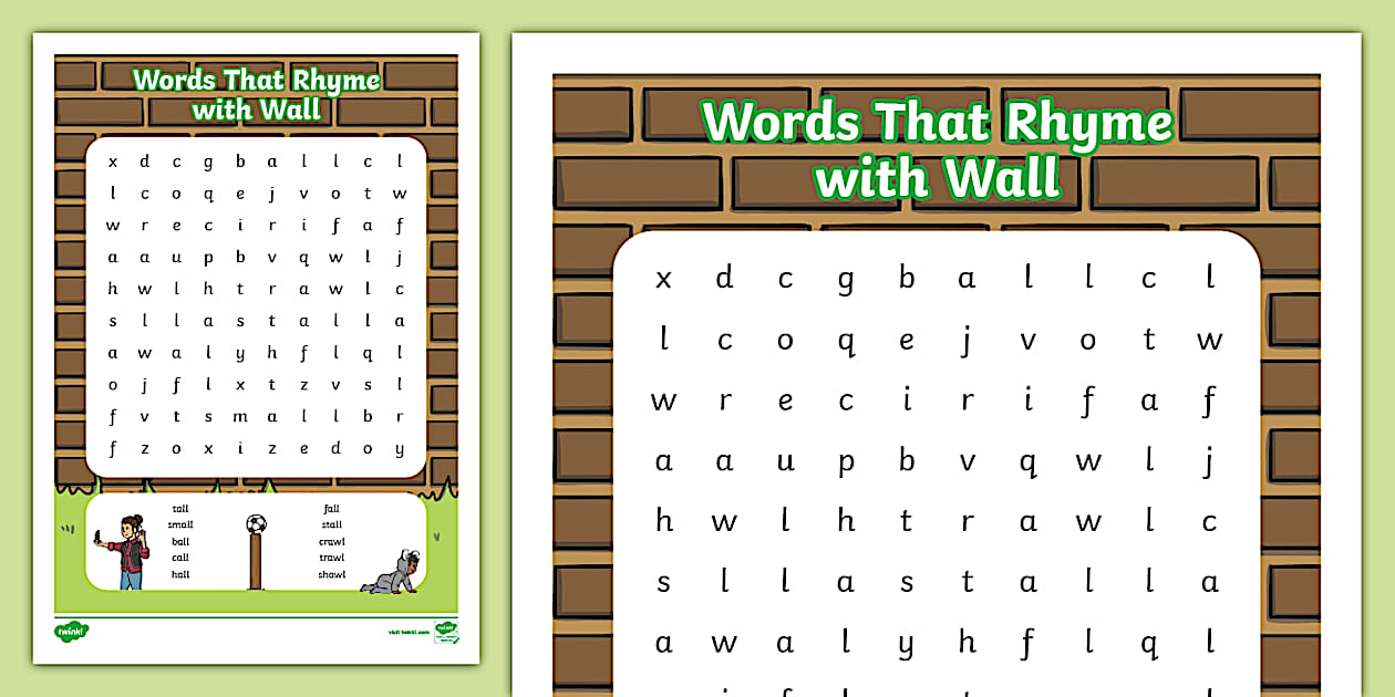 Words That Rhyme with Wall Word Search (teacher made)