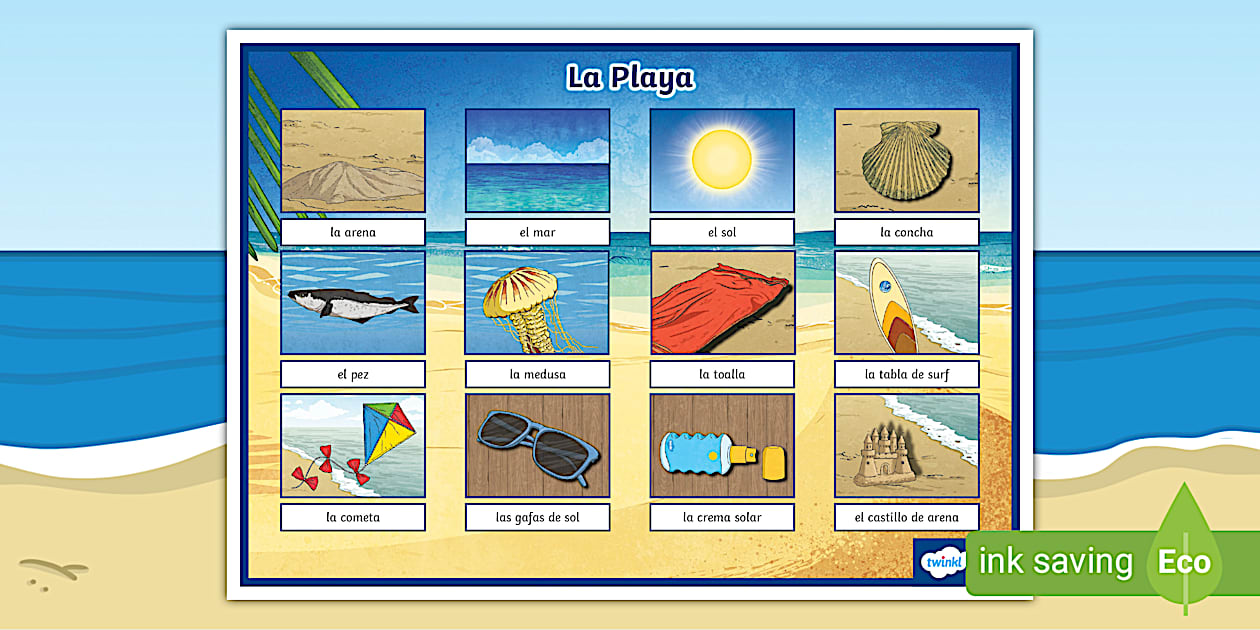 👉 Words in Spanish: Beach Poster (teacher made) - Twinkl