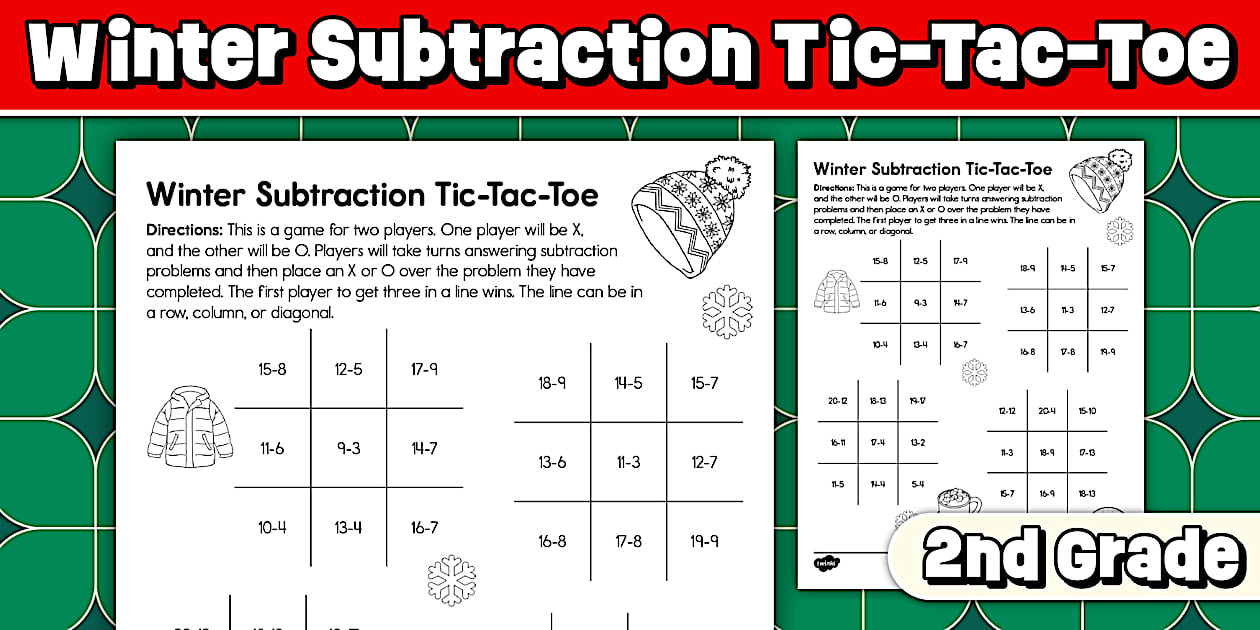 Second Grade Winter Subtraction Tic-Tac-Toe Worksheet