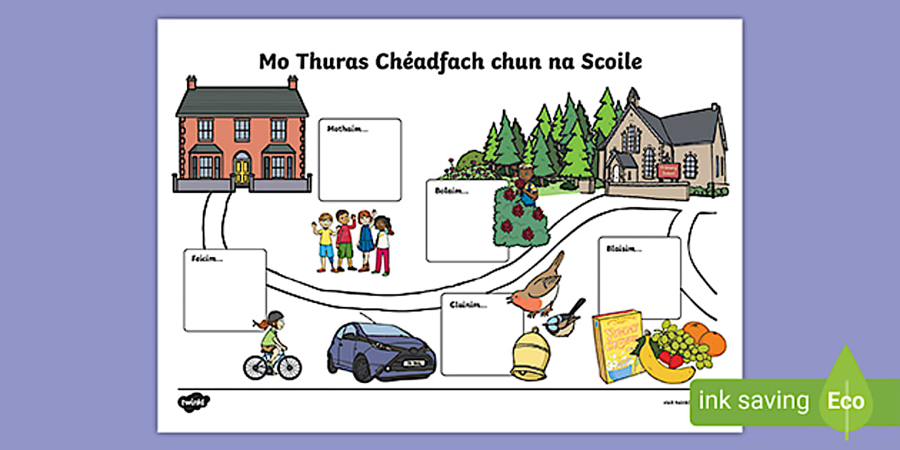 My Senses Journey to School Map Gaeilge - Twinkl