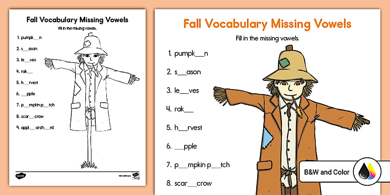 Fall Vocabulary Missing Vowels Worksheet (teacher made)