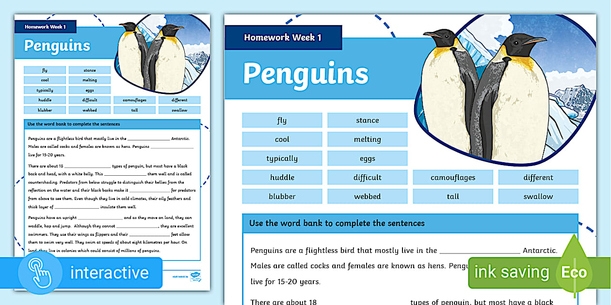 Homework Cloze Procedure Week 1 Penguins 3rd/4th Class