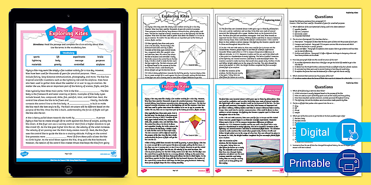 Sixth Grade Exploring Kites Reading Activity Pack - Twinkl