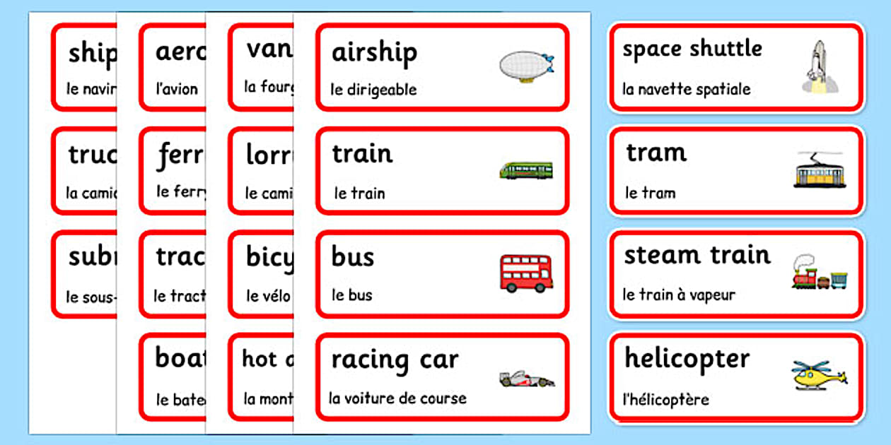 Transport Topic Word Cards French Translation - Twinkl