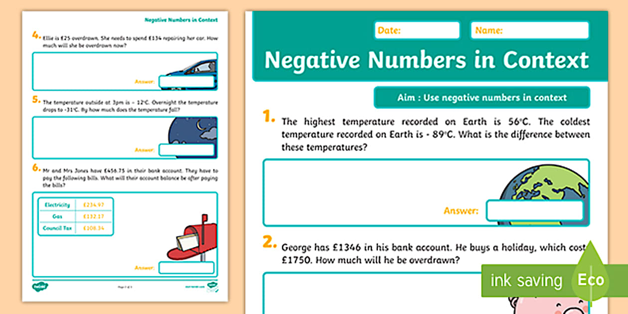 Negative Numbers Worksheet | Maths In Context | KS2 - Twinkl