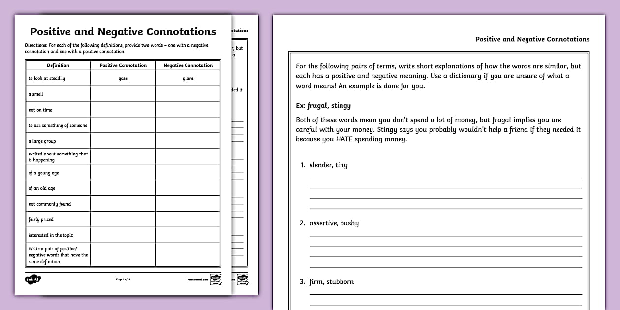 Positive and Negative Connotation Worksheet | Twinkl USA