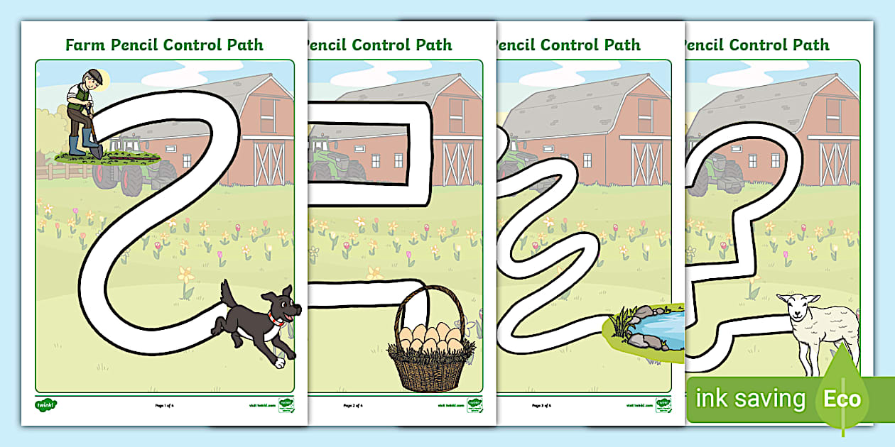 Farm Pencil Control Path Worksheets - Twinkl