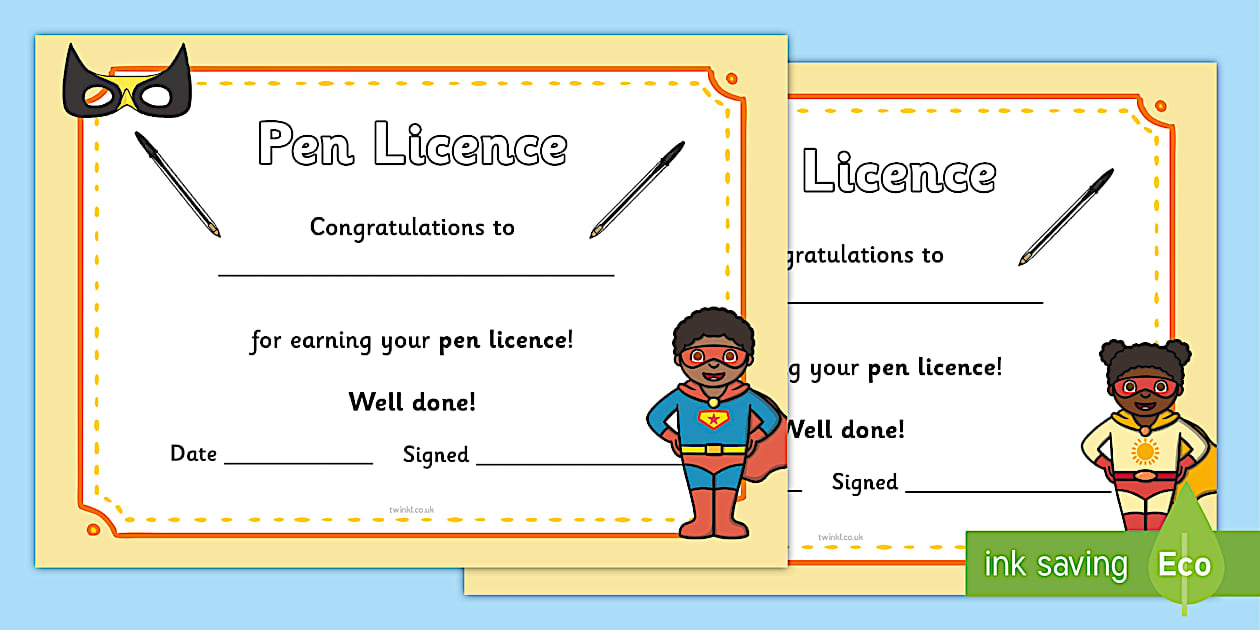 Superhero Themed Pen License Certificate (teacher made)