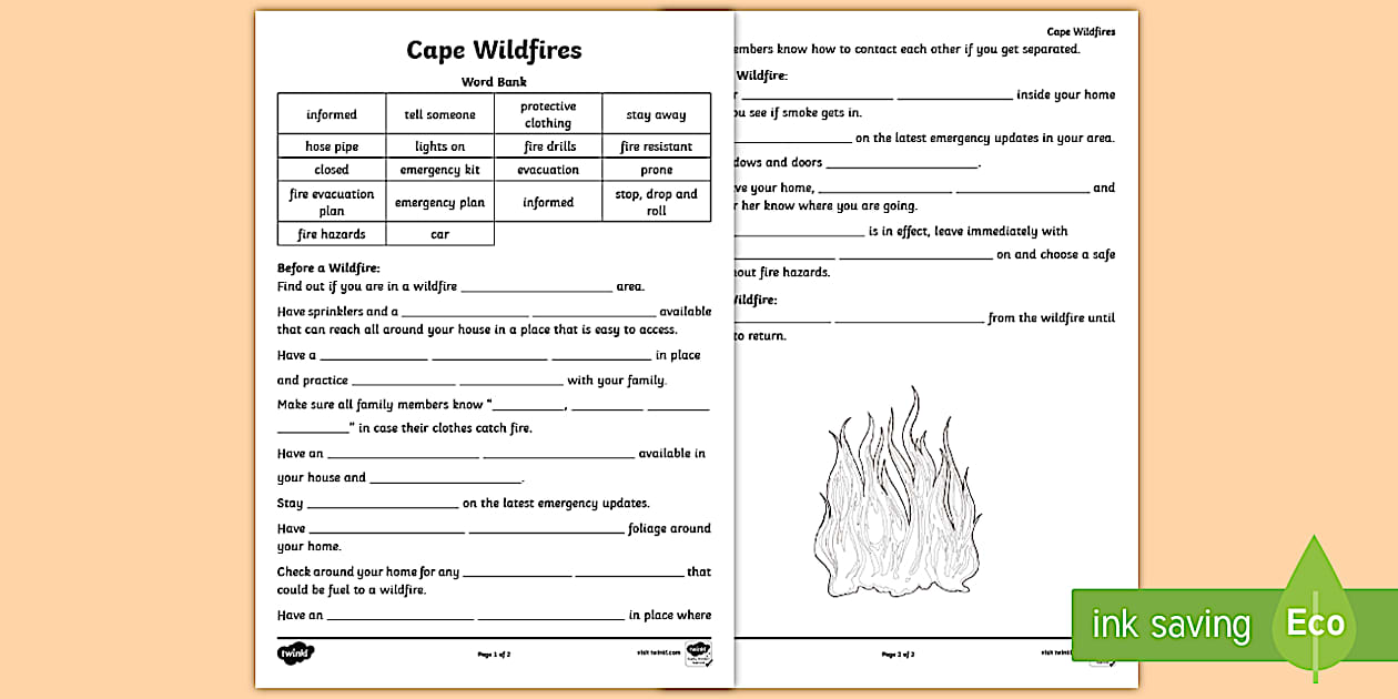 Cape Wildfire Safety Drill Worksheet / Worksheet - Twinkl