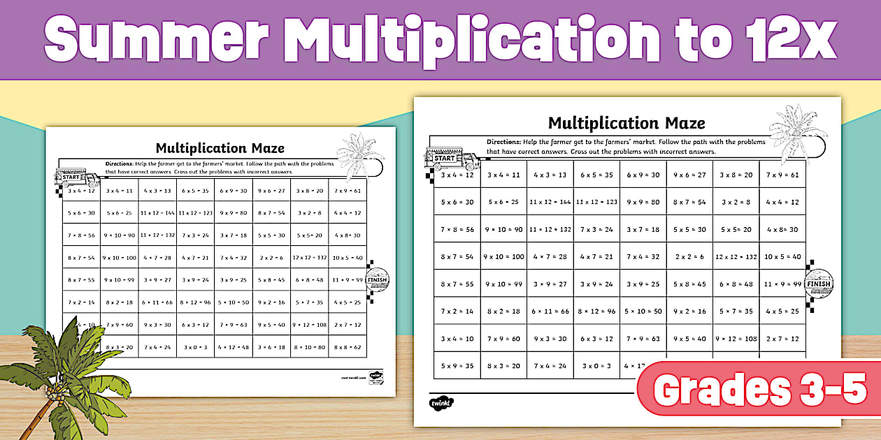 Summer Multiplication to 12x Math Facts Maze 3rd-5th Grade