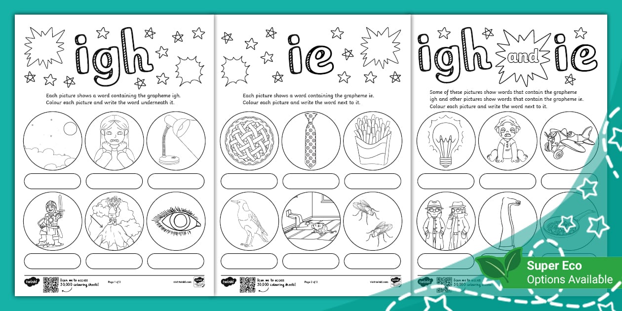 Phonics Colouring Pack - 'igh' and 'ie' - Twinkl