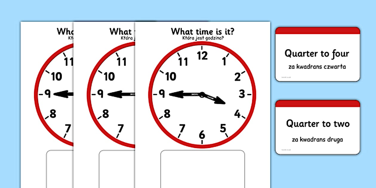 Analogue Clocks Quarter to Matching Polish Translation
