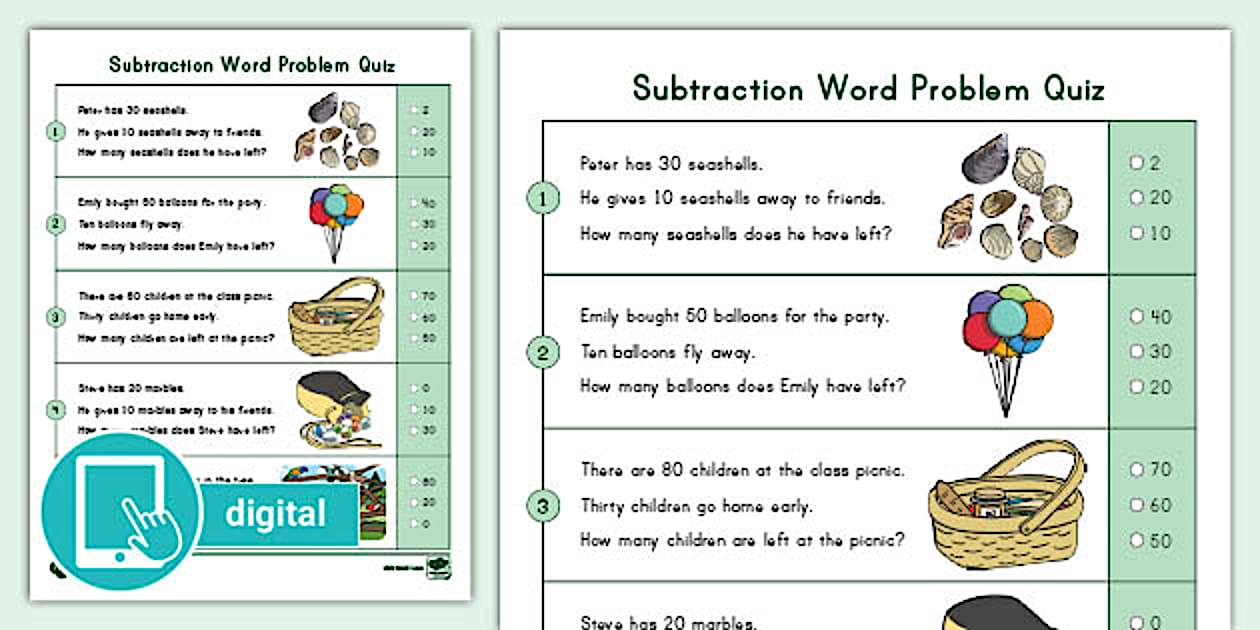 Subtracting Multiples of Ten Word Problem Quiz - Twinkl