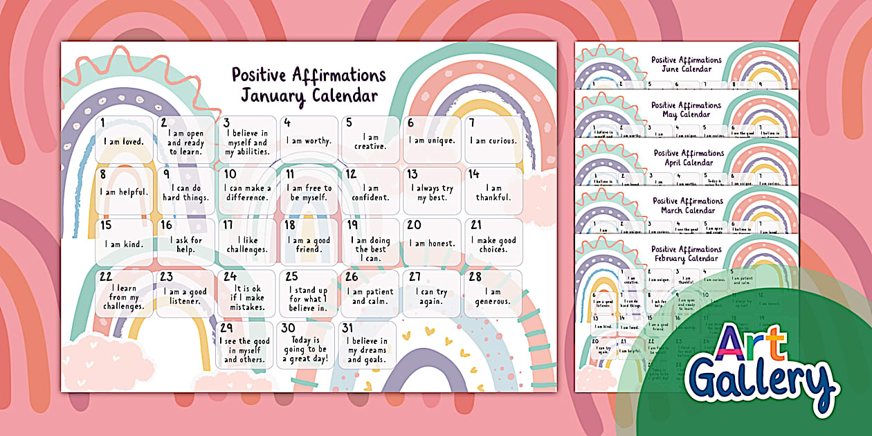 Positive Affirmations Monthly Calendar Muted Rainbow Pack