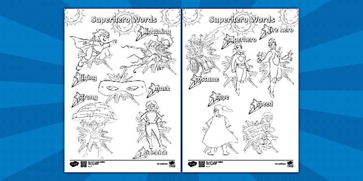 Superhero Themed Words Colouring Sheet (teacher made)