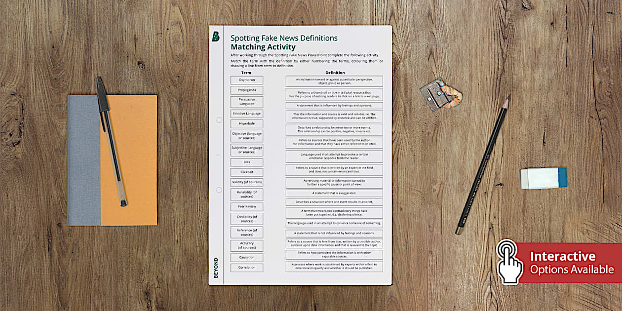 Spotting Fake News Definitions Matching Activity - Twinkl