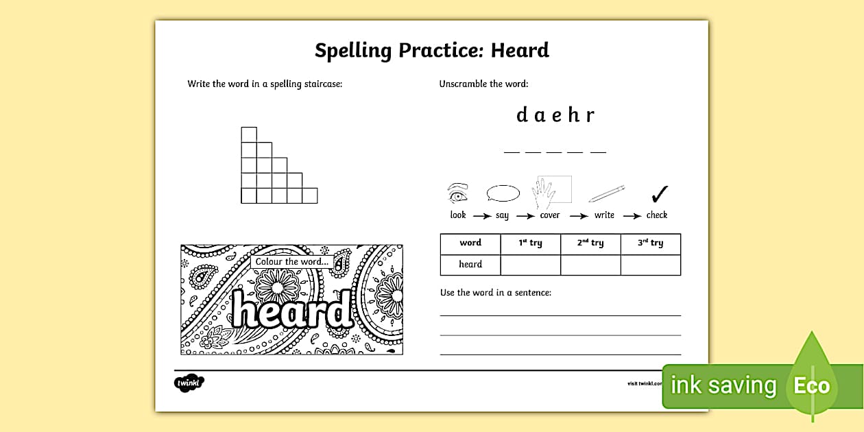 Heard Spelling Practice Worksheet (teacher made) - Twinkl