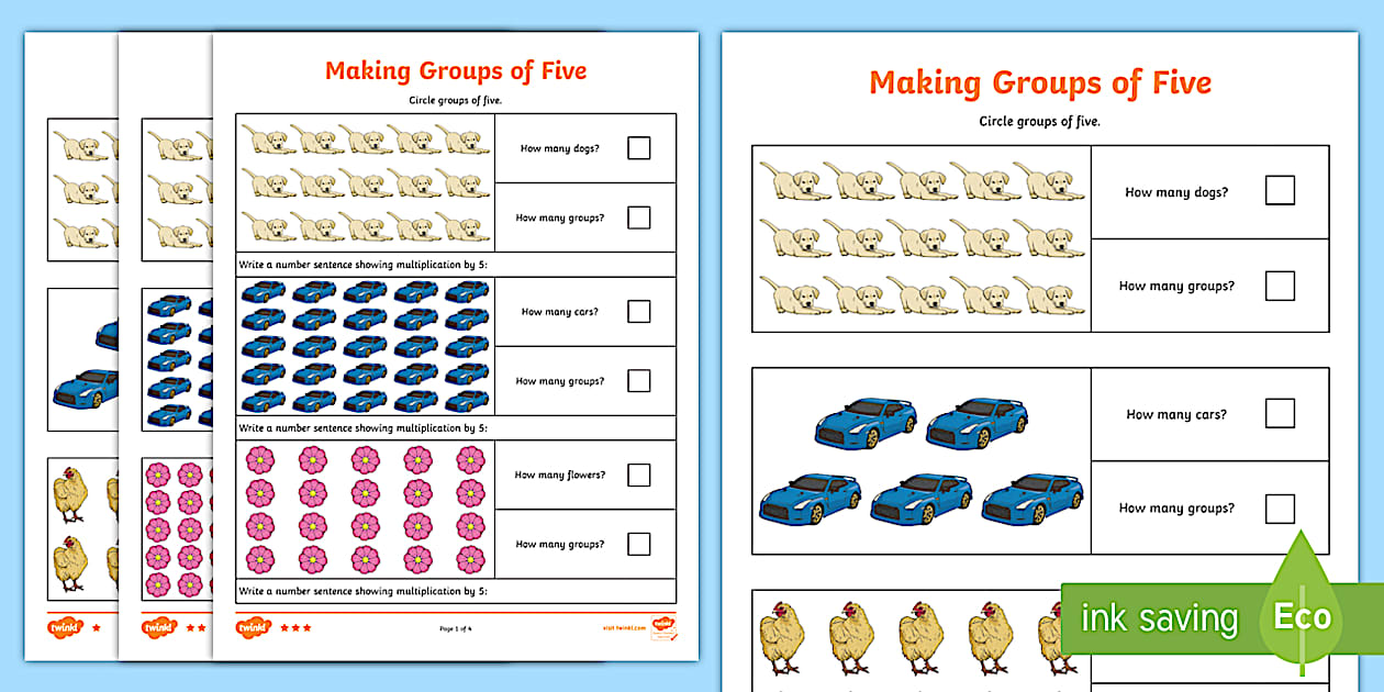 Making Groups of Five Differentiated Worksheets - Twinkl