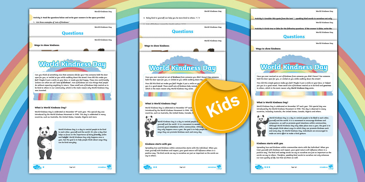 ESL World Kindness Day Reading Comprehension for Kids