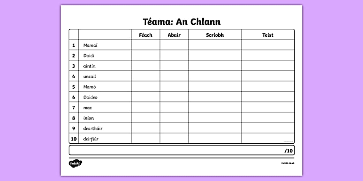 Spelling List An Chlann Worksheet / Worksheet - Twinkl