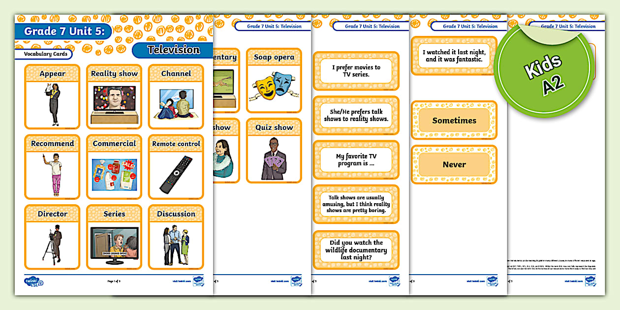 Grade 7 Unit 5 Flashcards - Television (teacher made)