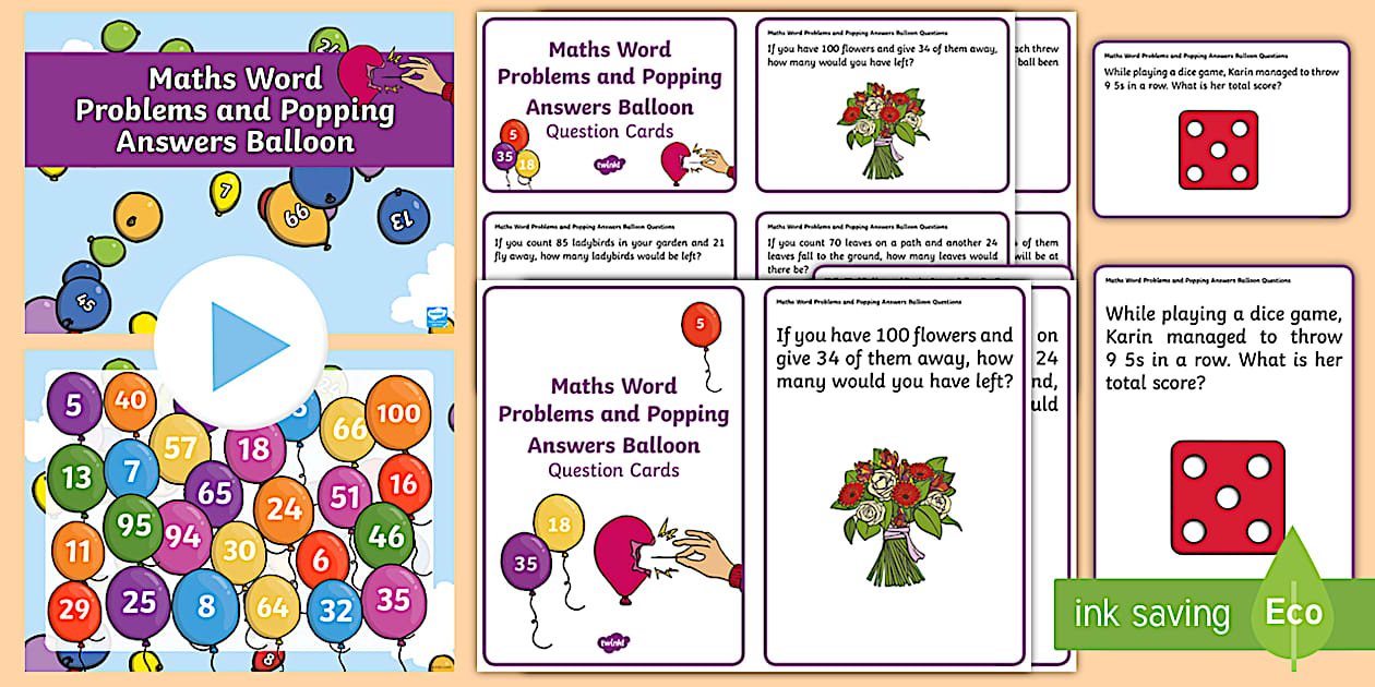 KS1 Maths Word Problems and Popping Answers Balloon Activity