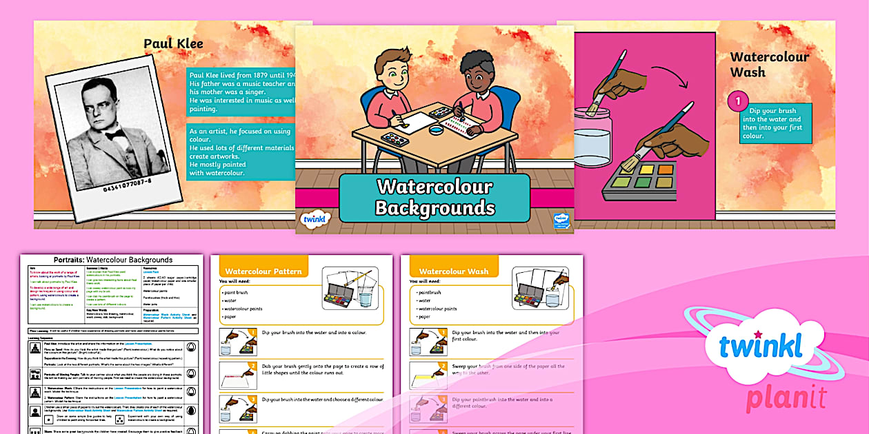 Portrait Watercolour painting techniques teaching pack KS1